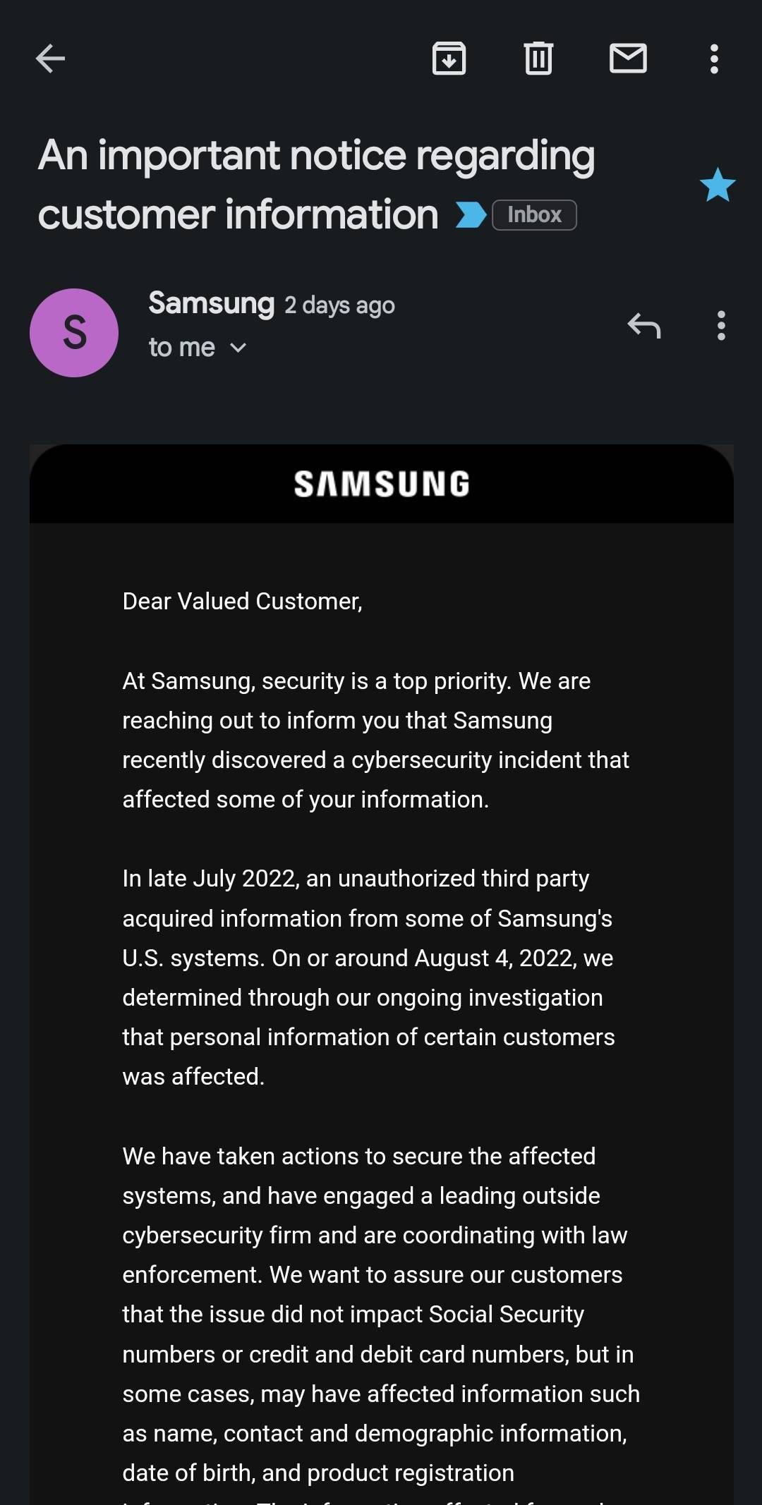 Security breach email - Samsung Members
