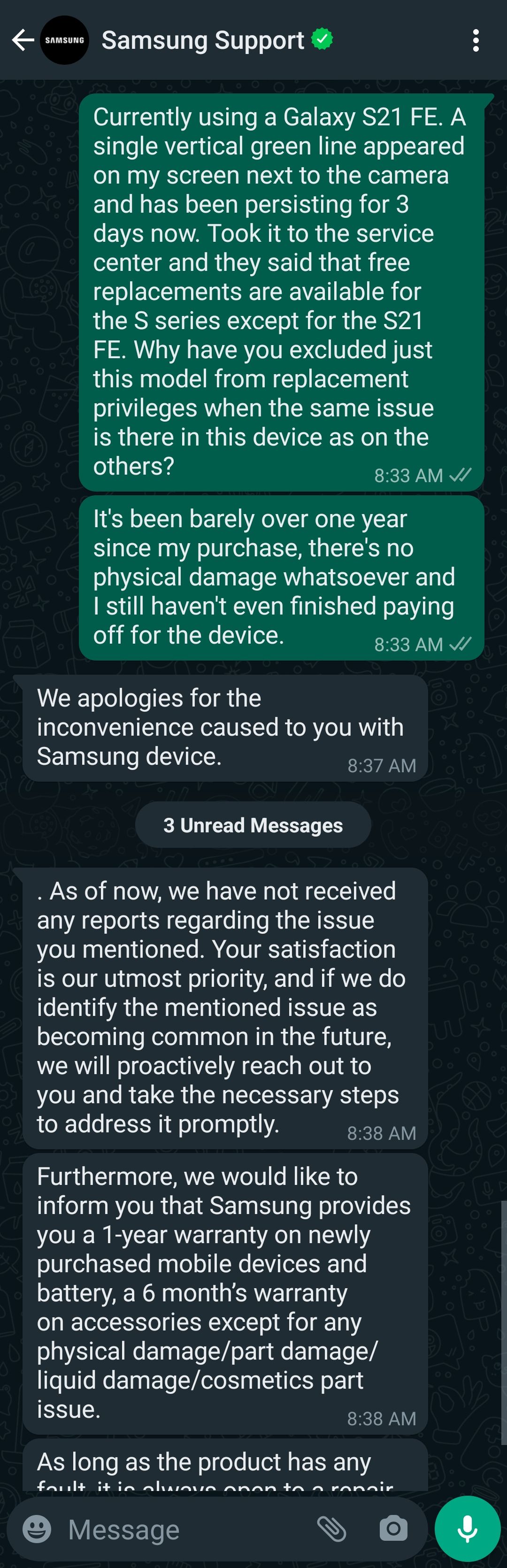 Galaxy S21 FE Green Line on screen - Samsung Members